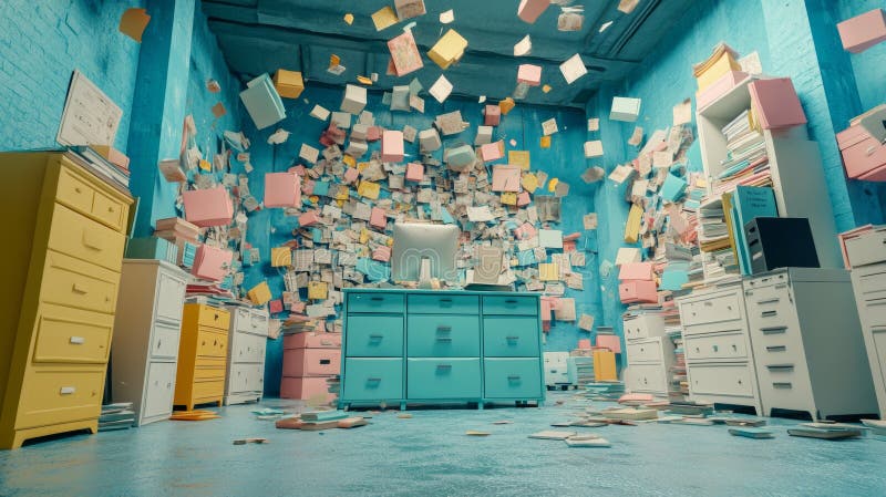 Office Folders Illuminated by Neon Light Breaking into Pieces Stock ...