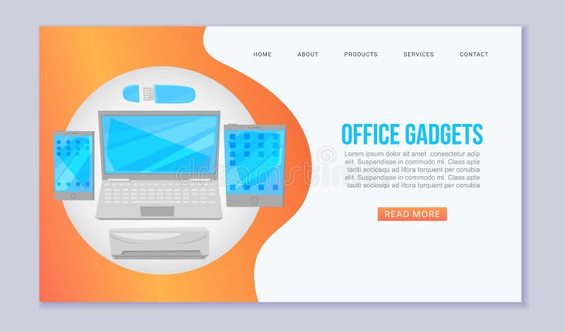 Office Gadgets Vector Web Banner Template. Computer Monitor, Laptop ...