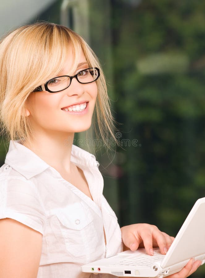 Office Girl with Laptop Computer Stock Image - Image of cheerful ...