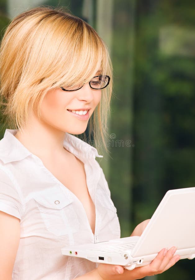 Office Girl with Laptop Computer Stock Photo - Image of business ...