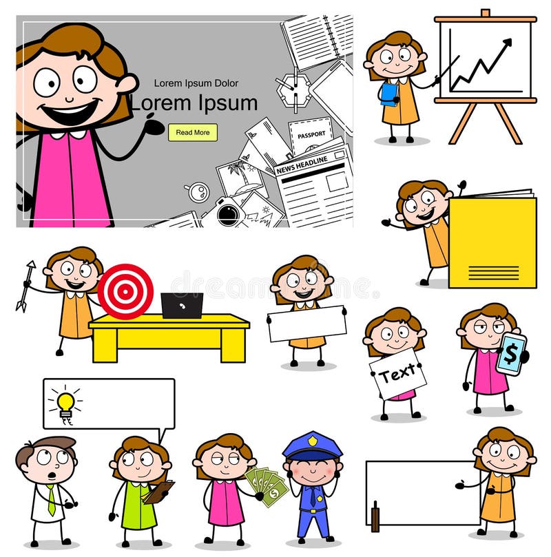 Office Girl - Set of Comic Worker Concepts Vector Illustrations Stock ...