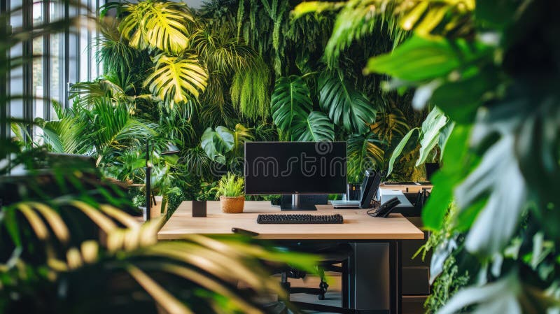 Office Greenery Showcasing Lush Tropical Plants in a Modern Workspace ...