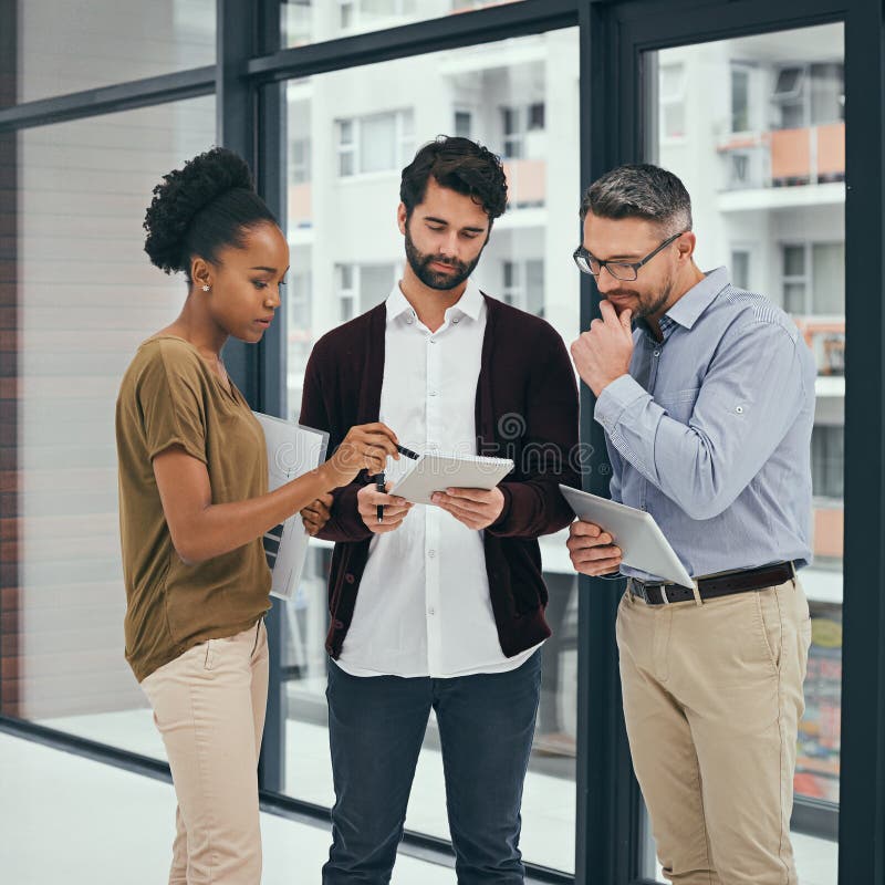 Office, Group and Tablet with Notes, Collaboration and Teamwork for B2b ...