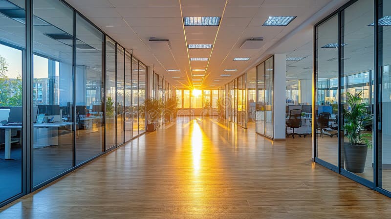 Office Hallway, Sunset View, Empty Workspace, Interior Design Asset ...