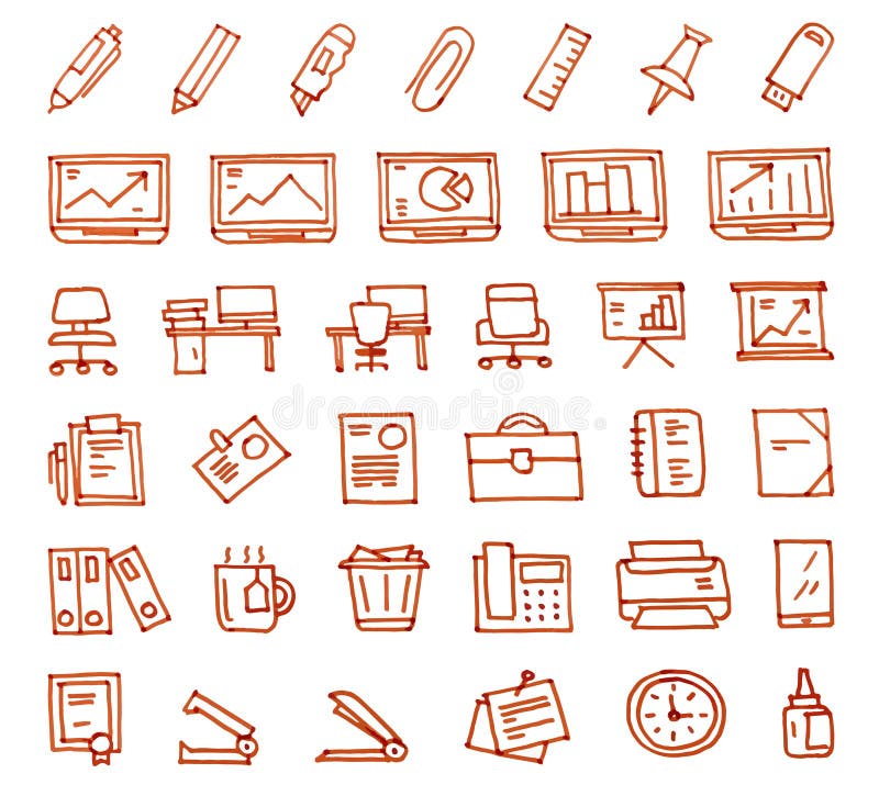 Office 36 Hand Drawn Icons Drawn with a Felt-tip Pen Stock Vector ...