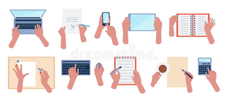 Office Hands Top View. Hand Writing Diary, Notebook and Work on ...