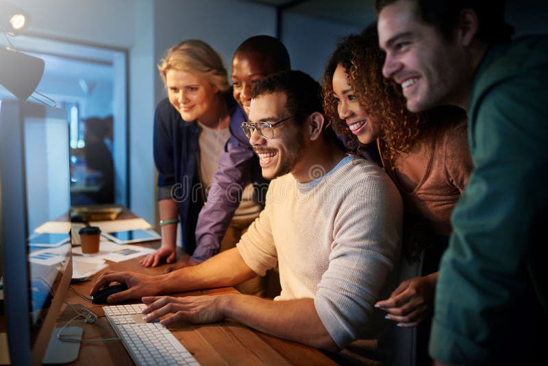 Office, Happy and Business People with Collaboration by Computer for ...