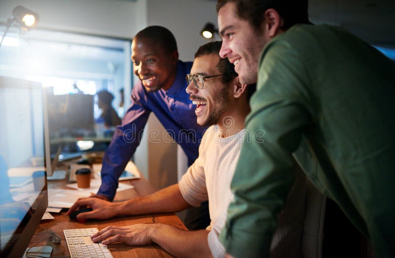 Office, Happy and Business People with Teamwork by Computer for Server ...