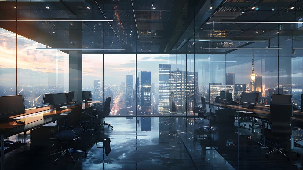 An Office in a High-rise Building Overlooking a Skyscraper View by ...