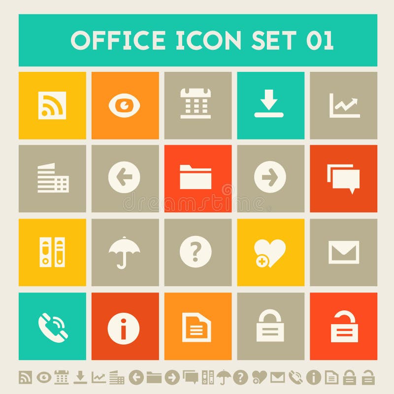 Office 1 Icon Set. Multicolored Square Flat Buttons Stock Vector ...