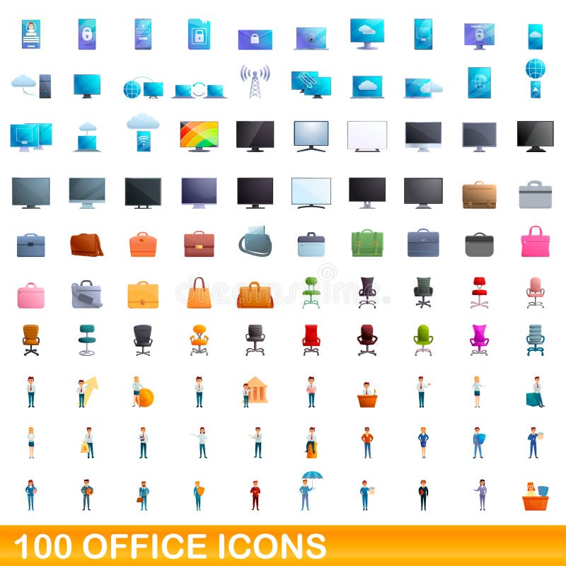 100 Office Icons Set, Cartoon Style Stock Vector - Illustration of ...