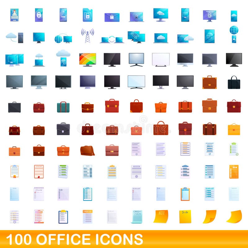 100 Office Icons Set, Cartoon Style Stock Vector - Illustration of ...
