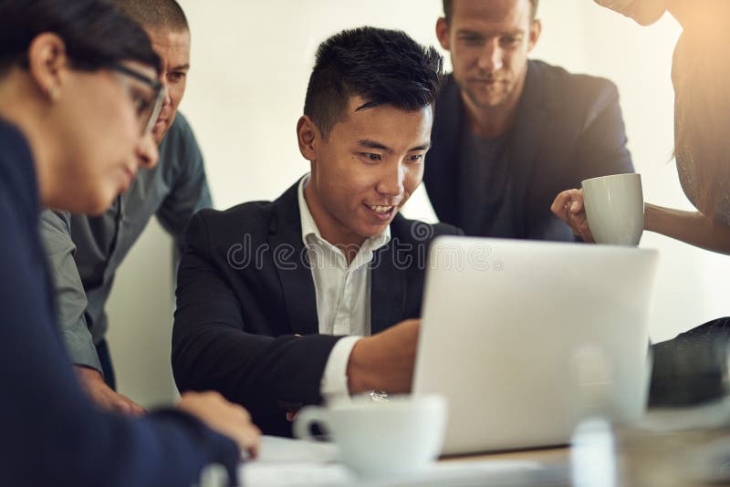 Office, Ideas and Group with Laptop, Typing and Collaboration for ...