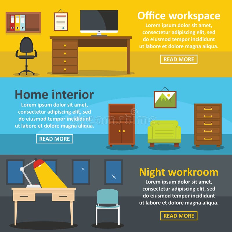 Office Interior Banner Horizontal Set, Flat Style Stock Vector ...