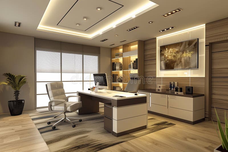 Office Interior in Beige Tones Stock Illustration - Illustration of ...