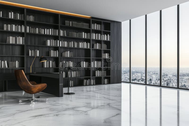 An Office Interior with a CEO Desk Near a Panoramic Window, a Laptop ...