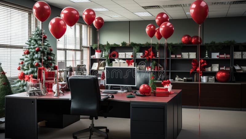 Office Interior with Christmas Tree and Decorations Stock Illustration ...