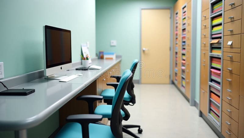 Office Interior with Computer Desks and Teal Chairs Facing Filing ...