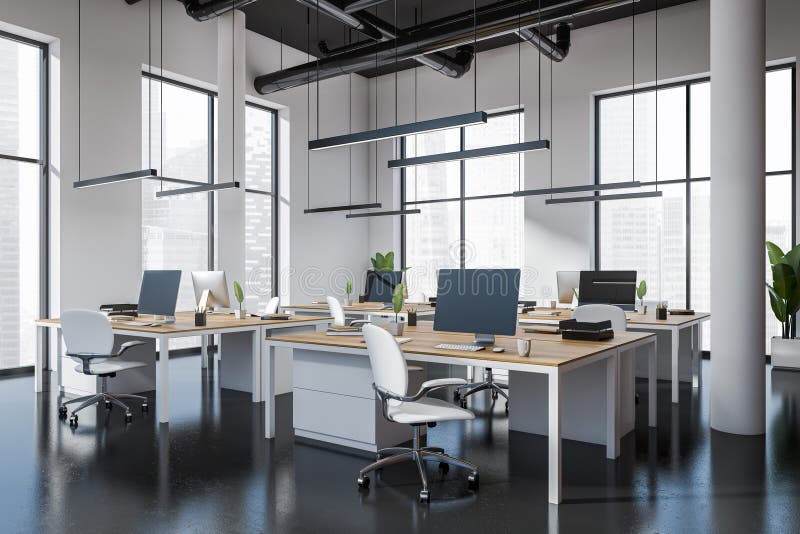 Office Interior with Computer, Table and Panoramic Window on City View ...