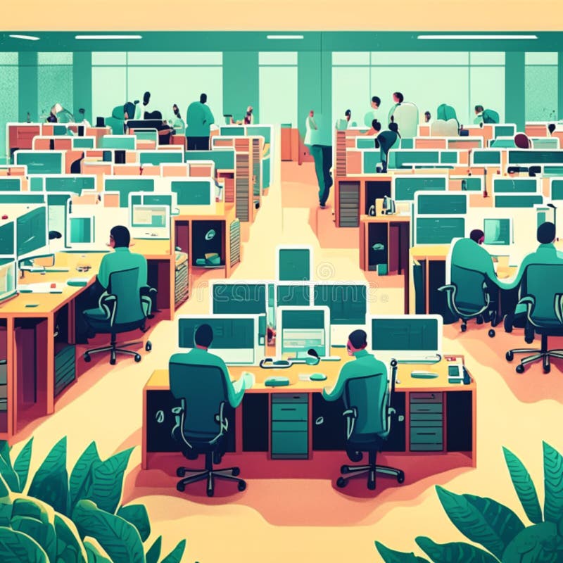Office Interior with Computers and People. Vector Illustration in ...