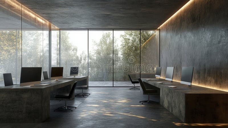 Office Interior with Computers on Stone Desks Large Window Mockup Wall ...