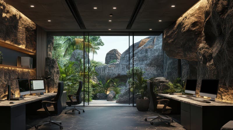 Office Interior with Computers on Stone Desks Large Window Mockup Wall ...