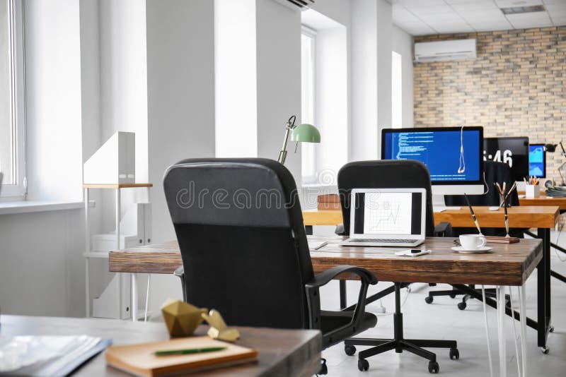 Office Interior with Computers and Tables. Workplace Design Stock Image ...