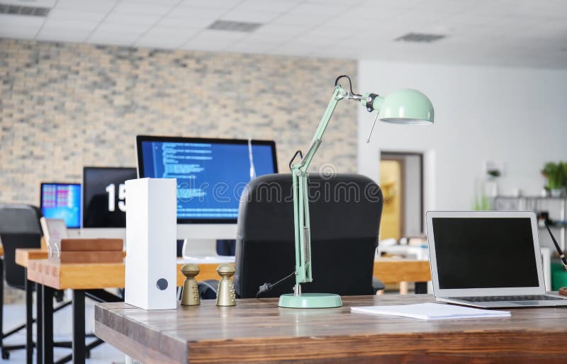Office Interior with Computers and Tables. Workplace Design Stock Photo ...