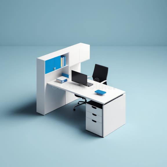 Office Interior 3d Rendering Illustration Desk and Computer. Stock ...