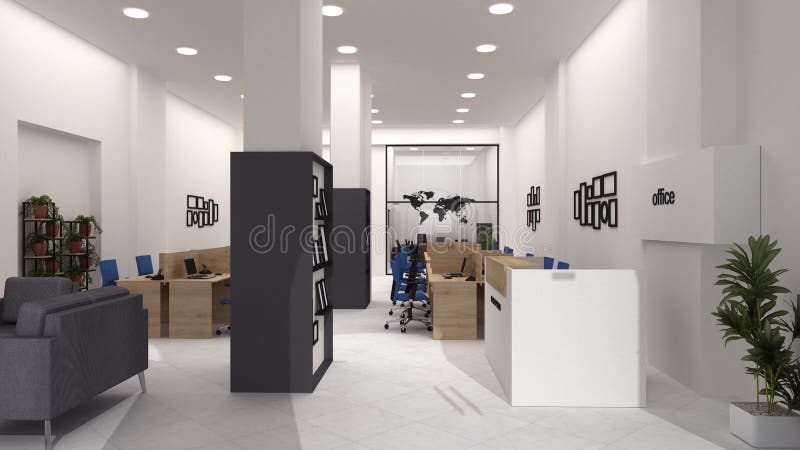 Office Interior 3D Rendering Stock Illustration - Illustration of ...