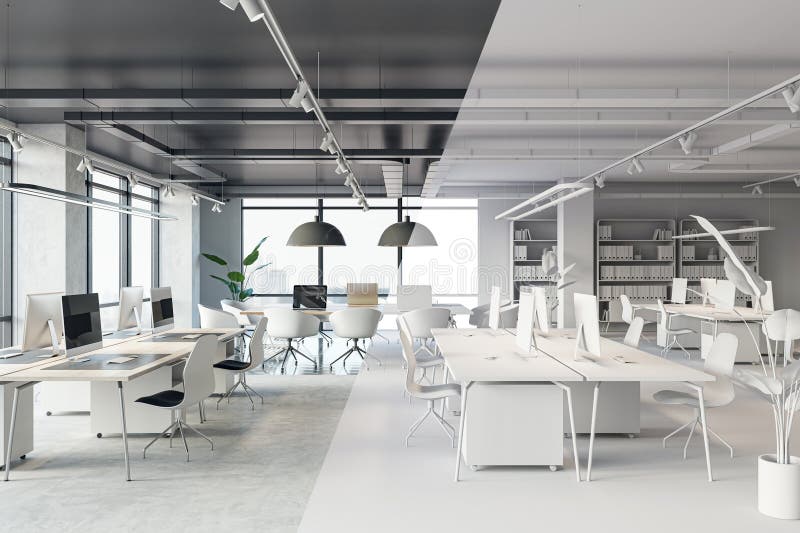 Office Interior Design Concept with Double View 3d Visualization ...