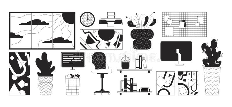 Office Interior Design Details Black and White 2D Line Cartoon Object ...