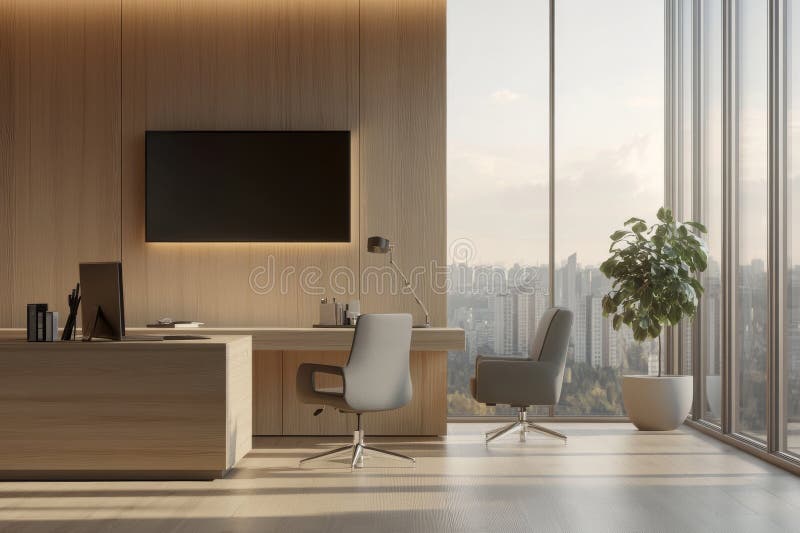 Office Interior with a Desk, Chair, and Wall-mounted TV. Conceptual ...