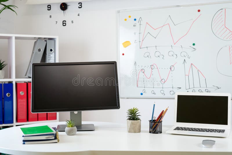 Office Interior Desk with Pc Computer Laptop Pen Notepad Whiteboard ...