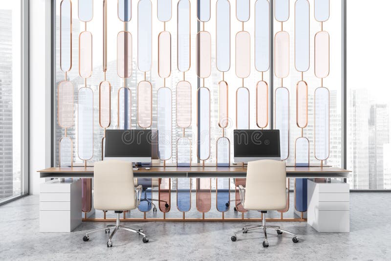 Office Interior with Desk, Pc Computer and Panoramic Window with City ...