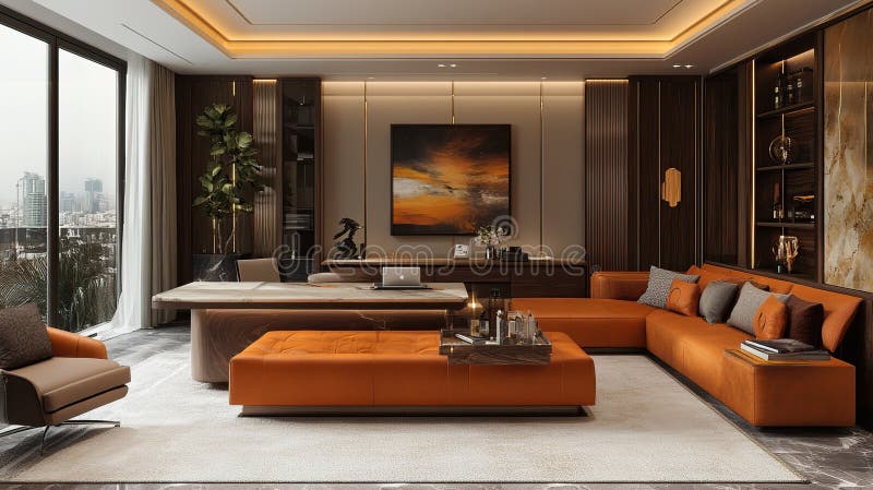 Office Interior, Desk View, Cityscape Backdrop, Presentation Use Stock ...