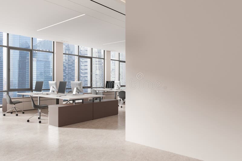 An Office Interior with Desks and Computers, Modern Design, in a High ...