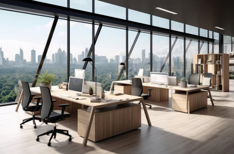 Office Interior with Desks and Computers Stock Illustration ...