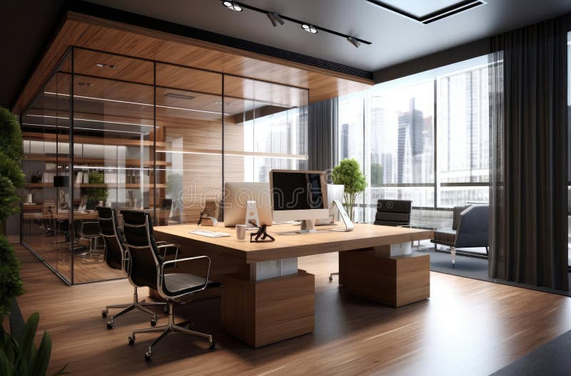 Office Interior with Desks and Computers Stock Illustration ...