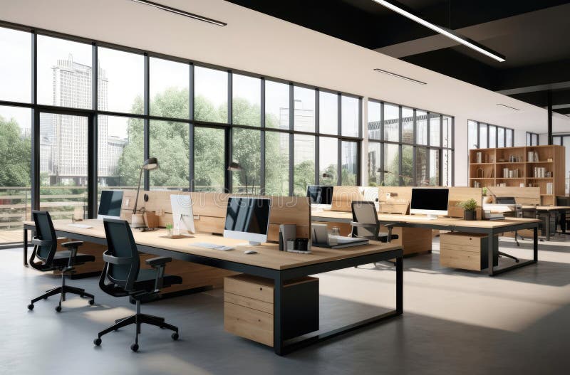Office Interior with Desks and Computers Stock Illustration ...
