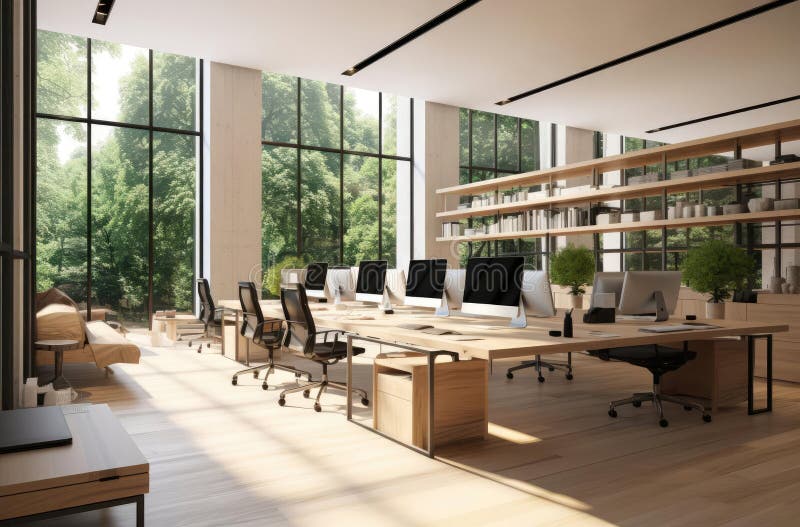 Office Interior with Desks and Computers Stock Illustration ...