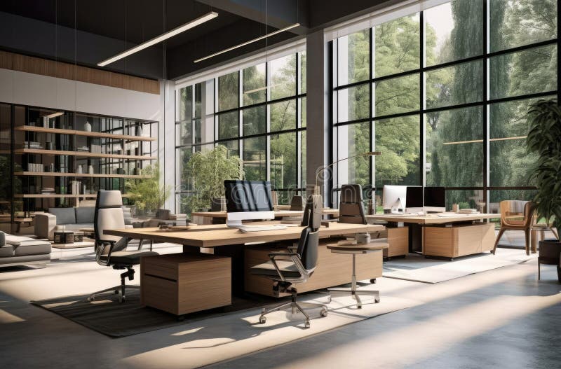 Office Interior with Desks and Computers Stock Illustration ...