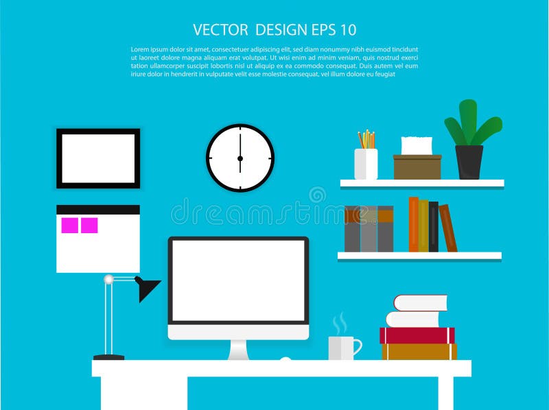 Office Interior with Desktop Display with Interface Icons Stock ...