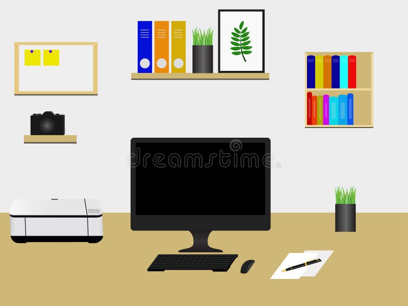 Office Interior with Desktop Display with Interface Icons Stock ...