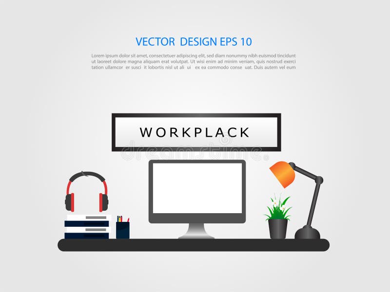 Office Interior with Desktop Display. Working Place. Flat Design Stock ...