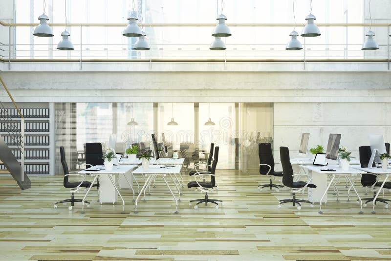 Office Interior with Desktops and Computer Stock Photo - Image of ...