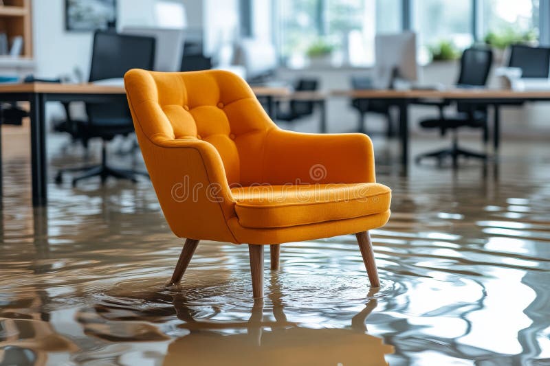An Office Interior in Disarray, Inundated with Water Stock Photo ...