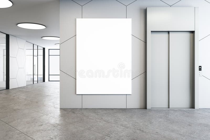 Office Interior with Elevator and Blank Poster on Wall Stock ...