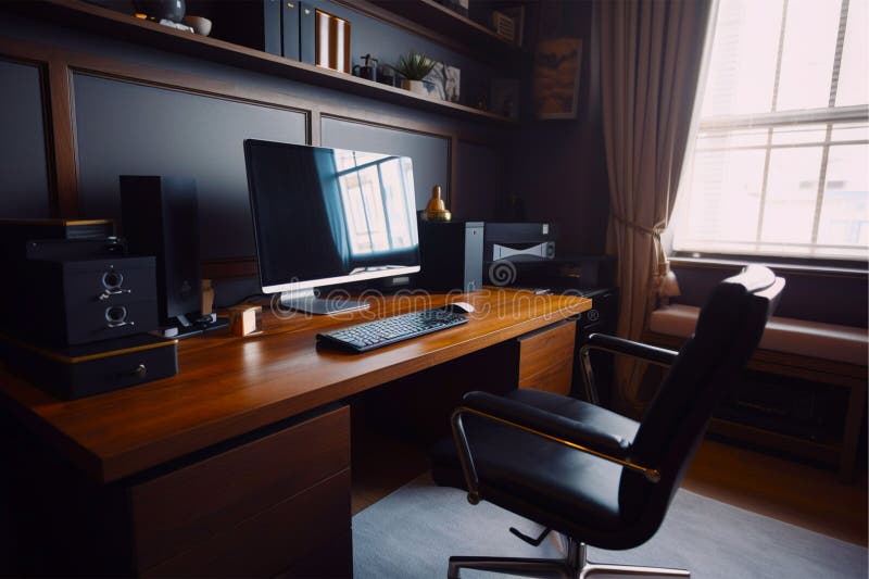 Office Interior Featuring a Wooden Desk and a Desktop Computer. AI ...