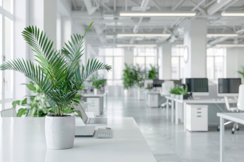 Office Interior with Green Plants, Desks and Computers on Blurred ...